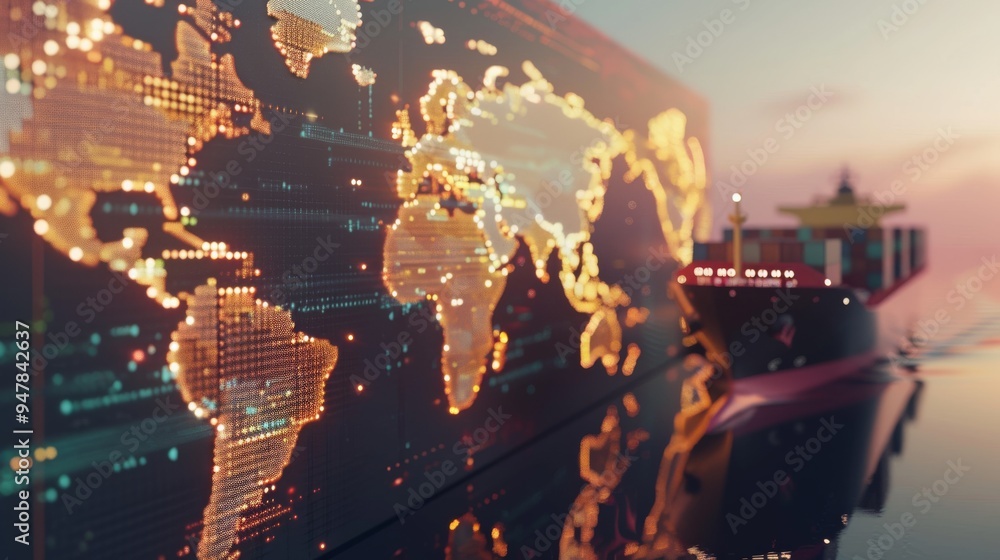 A digital world map with glowing nodes overlays an image of a shipping ...