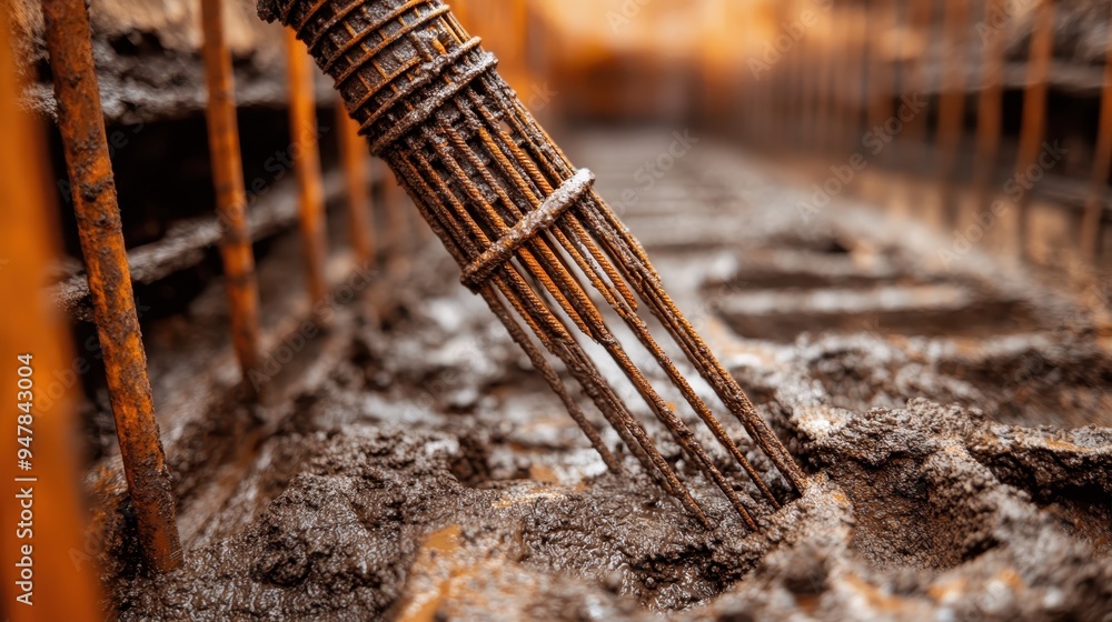 Close-up image illustrating the placement of reinforced rebar into wet ...