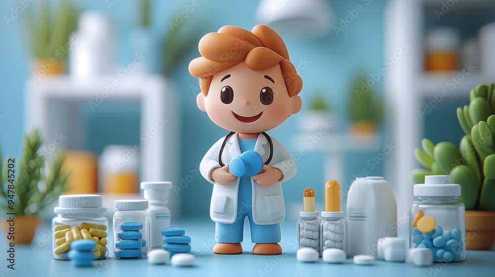 3d render doctor or pharmacist cartoon character holding big blue pill ...