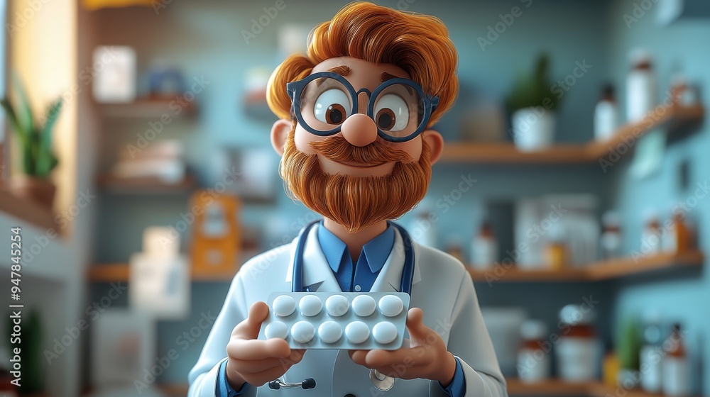 3d render doctor or pharmacist cartoon han3d holds big white tablet or ...