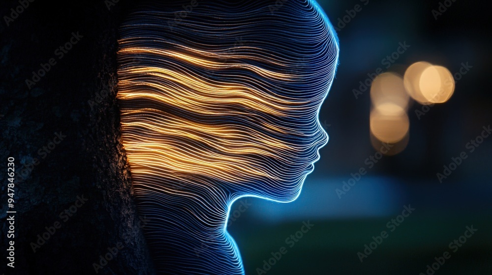 Silhouette of a child playing hide and seek behind a tree, with a ...