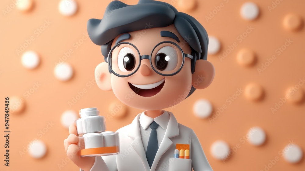 3d render doctor or pharmacist cartoon han3d holds big white tablet or ...