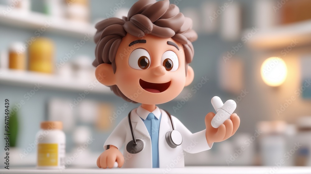 3d render doctor or pharmacist cartoon han3d holds big white tablet or ...