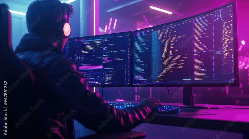 3D visualization of a modern programming workspace, featuring a ...