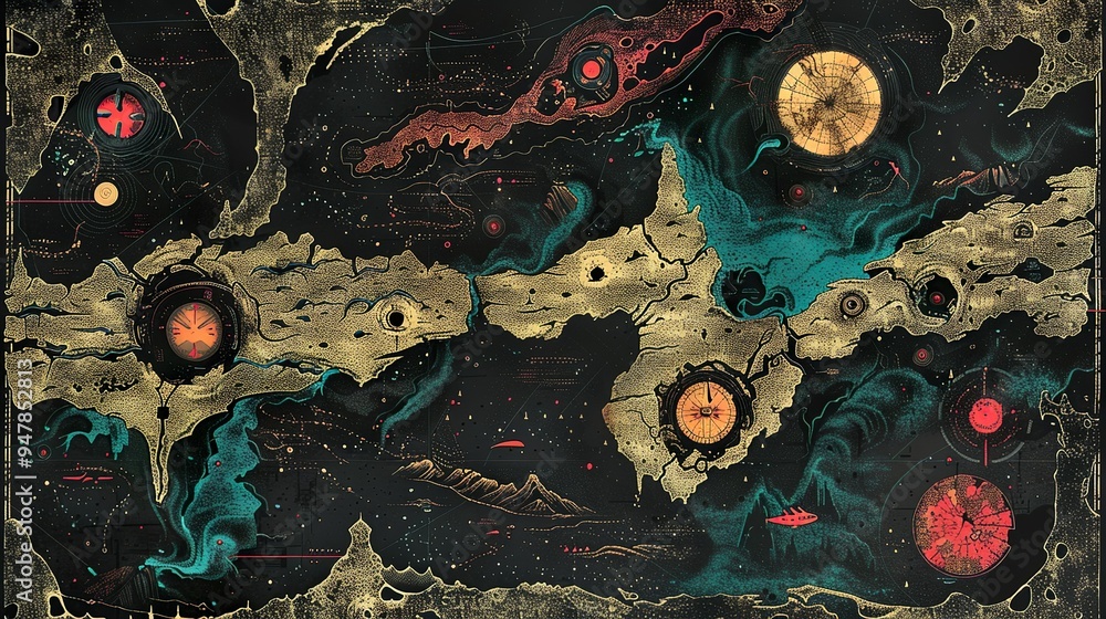 Old pirate map with treasure location and oceans and seas nautical ...