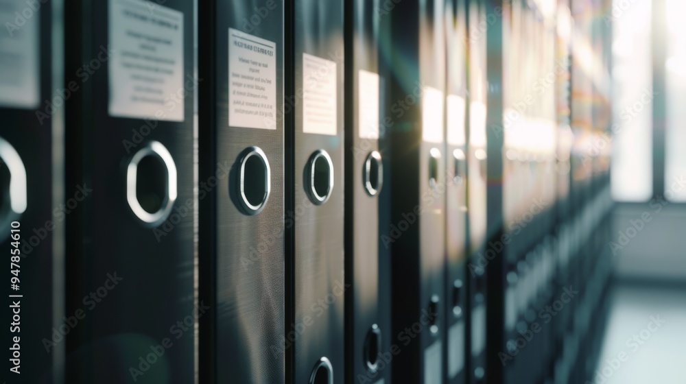 Rows of black binders in a shadowed hallway, with sunlight streaming ...