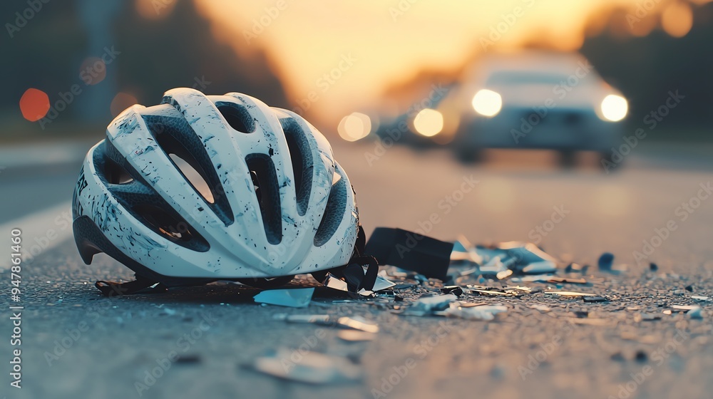 Crashed bicycle helmet and scattered debris on the road, blurred cars ...