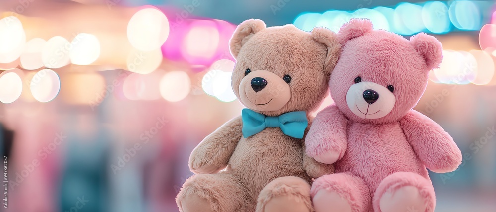 Teddy bears displayed in an arcade, under the soft glow of pink and ...