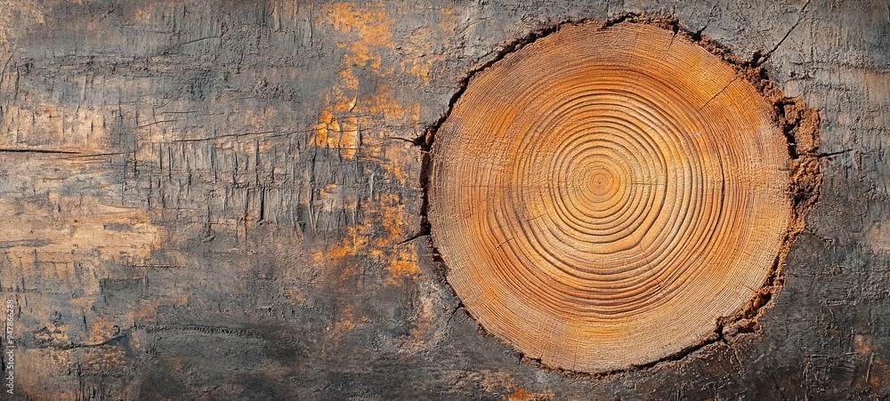 Tree rings old weathered wood texture with cross section of chopped log ...
