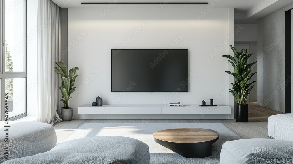 Chic minimalist living room interior, with a flat-screen TV, minimalist ...