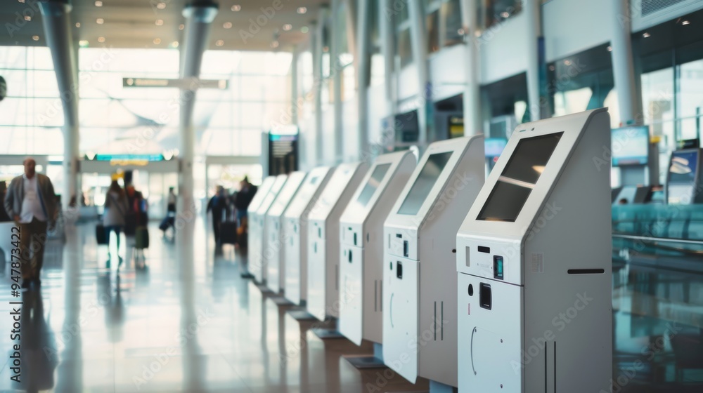Bright and modern airport terminal with a row of sleek, unattended self ...