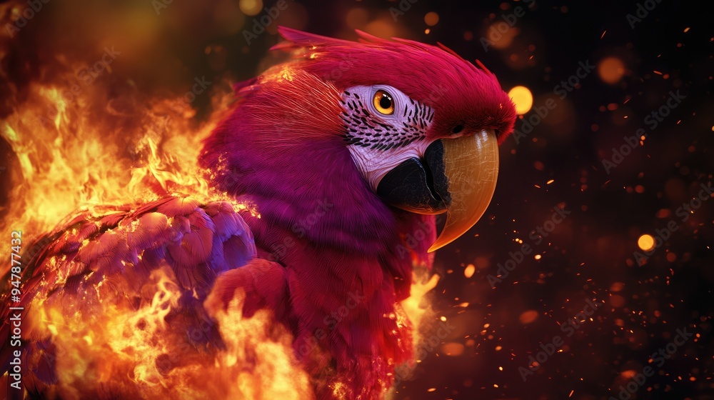 A beautiful big parrot, a slunted eyes, in the fire theme, she is ...