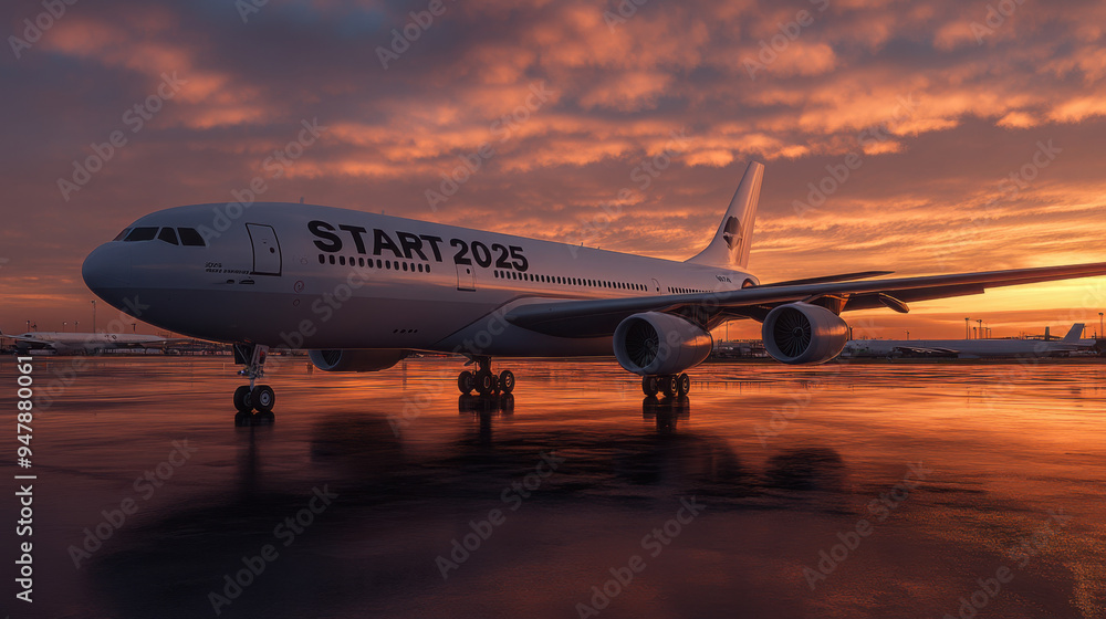 Foto de "START 2025" big written on beautiful modern airplane sky, side ...