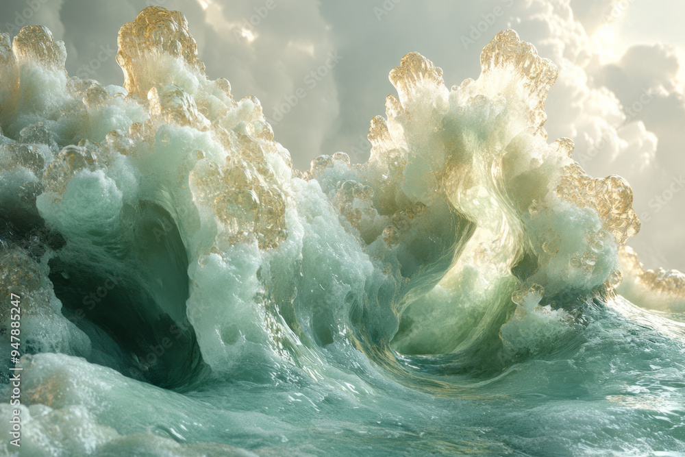 Crystalline structures of mineral water spreading across a pale green ...