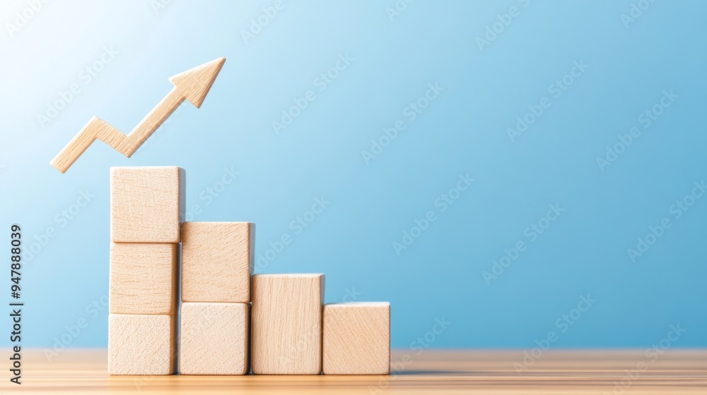 Graph chart steps, rise and fall arrows on wooden cube blocks, profit ...