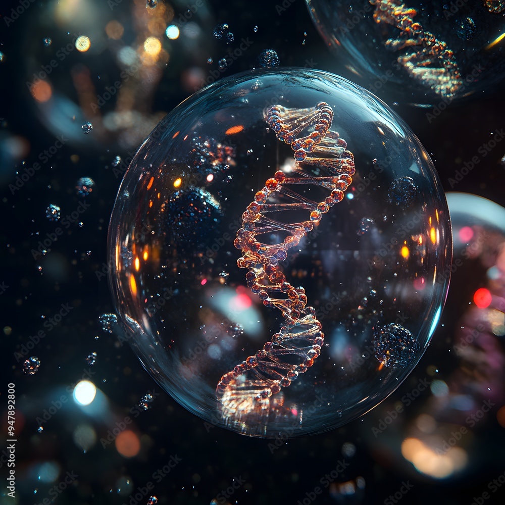 microscopic bubbles with DNA strands and organic shapes inside ...