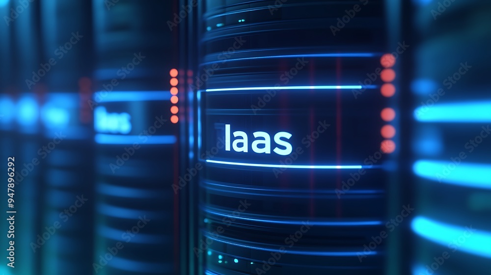 Close-up of servers in a data center with IaaS written on the front ...