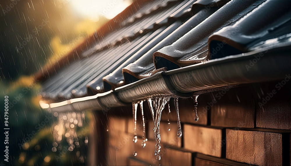 Extreme close-up of the torrential summer rain overflowing from the ...