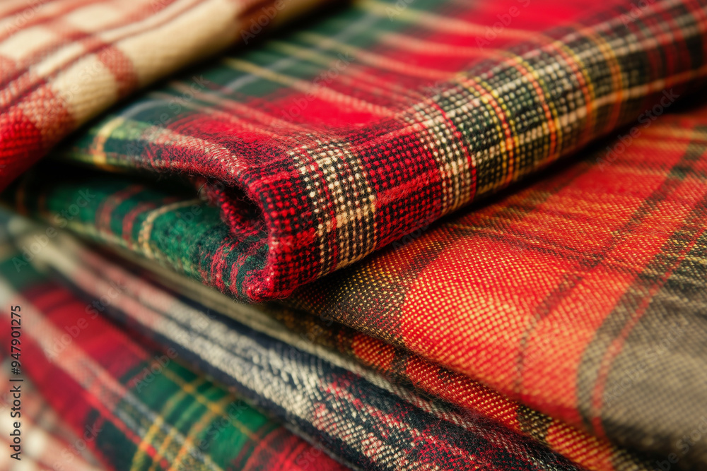 row of plaid fabric with a red and green one in the middle Stock ...