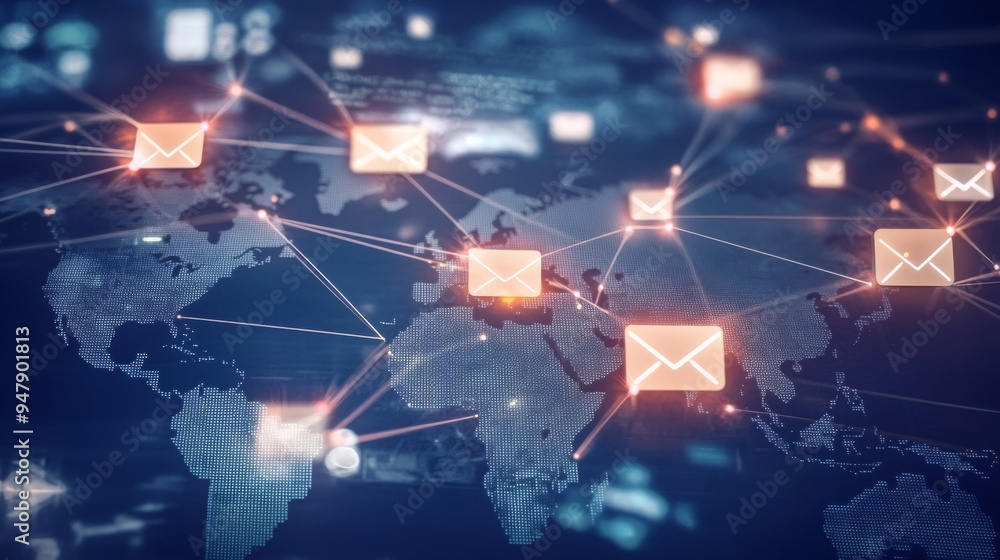 An illustration of floating communication icons (email, chat, video ...