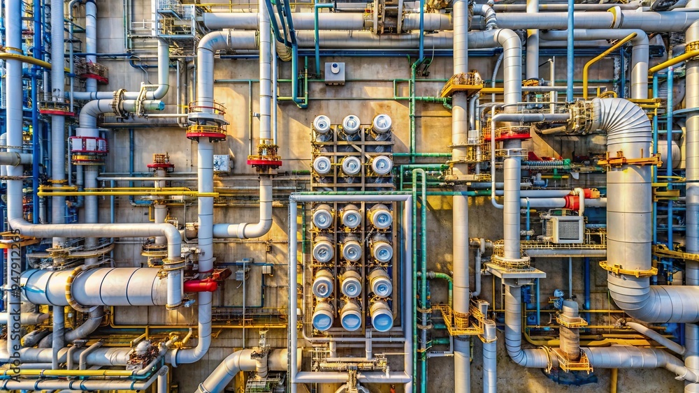 Overhead view of a refinery gas pipeline valve station , industrial ...