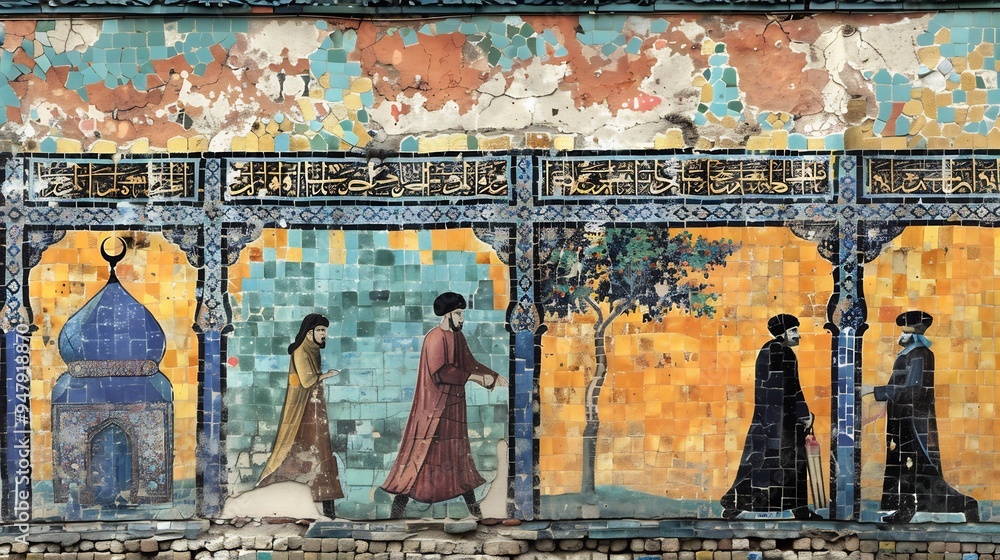 Mosaic Mural Depicting Islamic Figures and Architecture Stock Photo ...