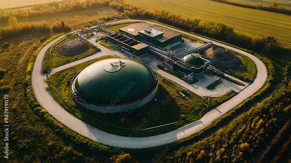 Aerial view to biogas plant in green fields at sunset. Renewable energy from biomass. Modern ...