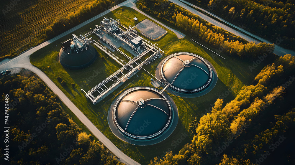 Aerial view to biogas plant in green fields at sunset. Renewable energy from biomass. Modern ...