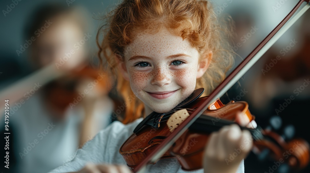 A young girl with curly red hair and prominent freckles pleasantly ...