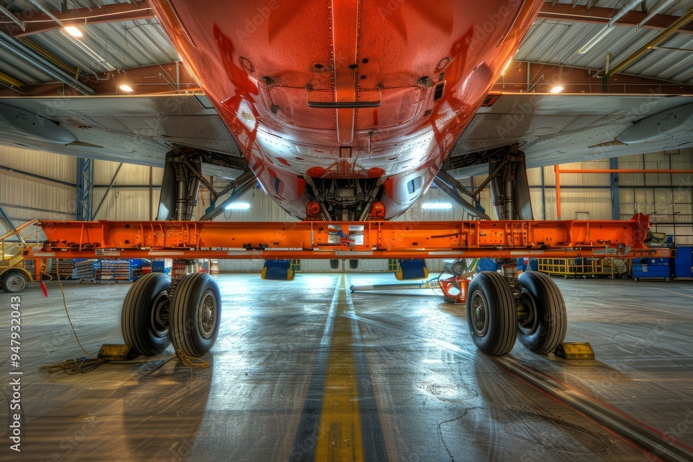 The undercarriage of a large passenger airplane standing on support ...