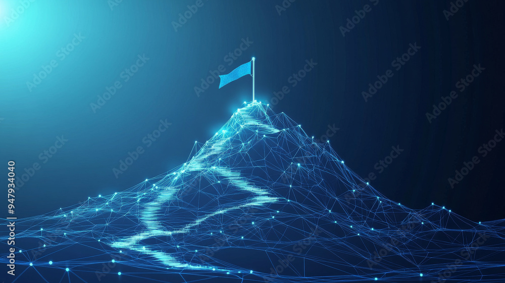 Abstract mountain with a flag and a path leading to the summit ...