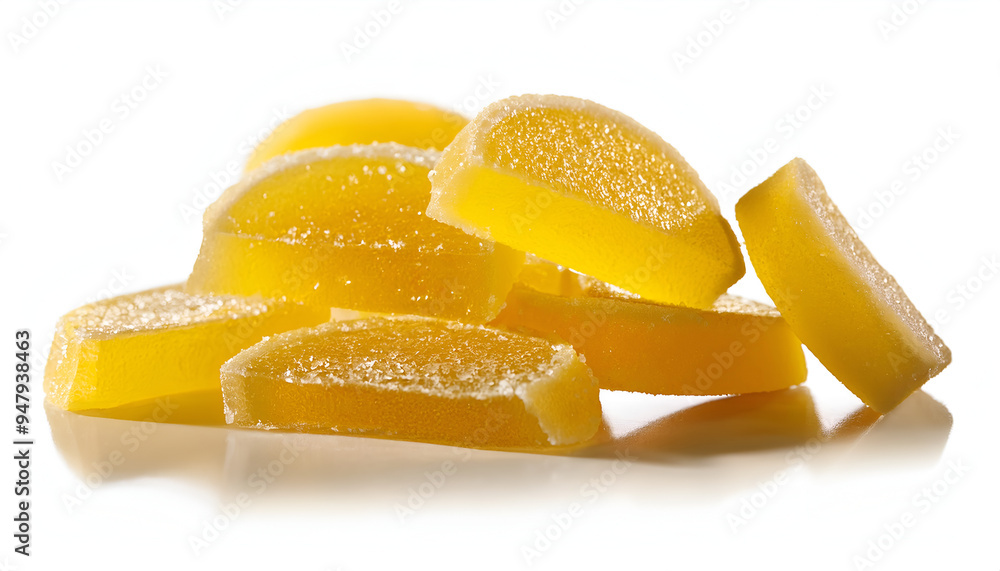 Bright yellow gummy candies arranged on a smooth surface, depicting a ...