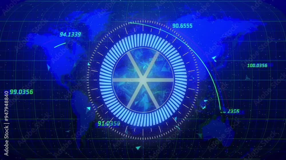 Rotating radar animation over world map with coordinates and grid lines ...