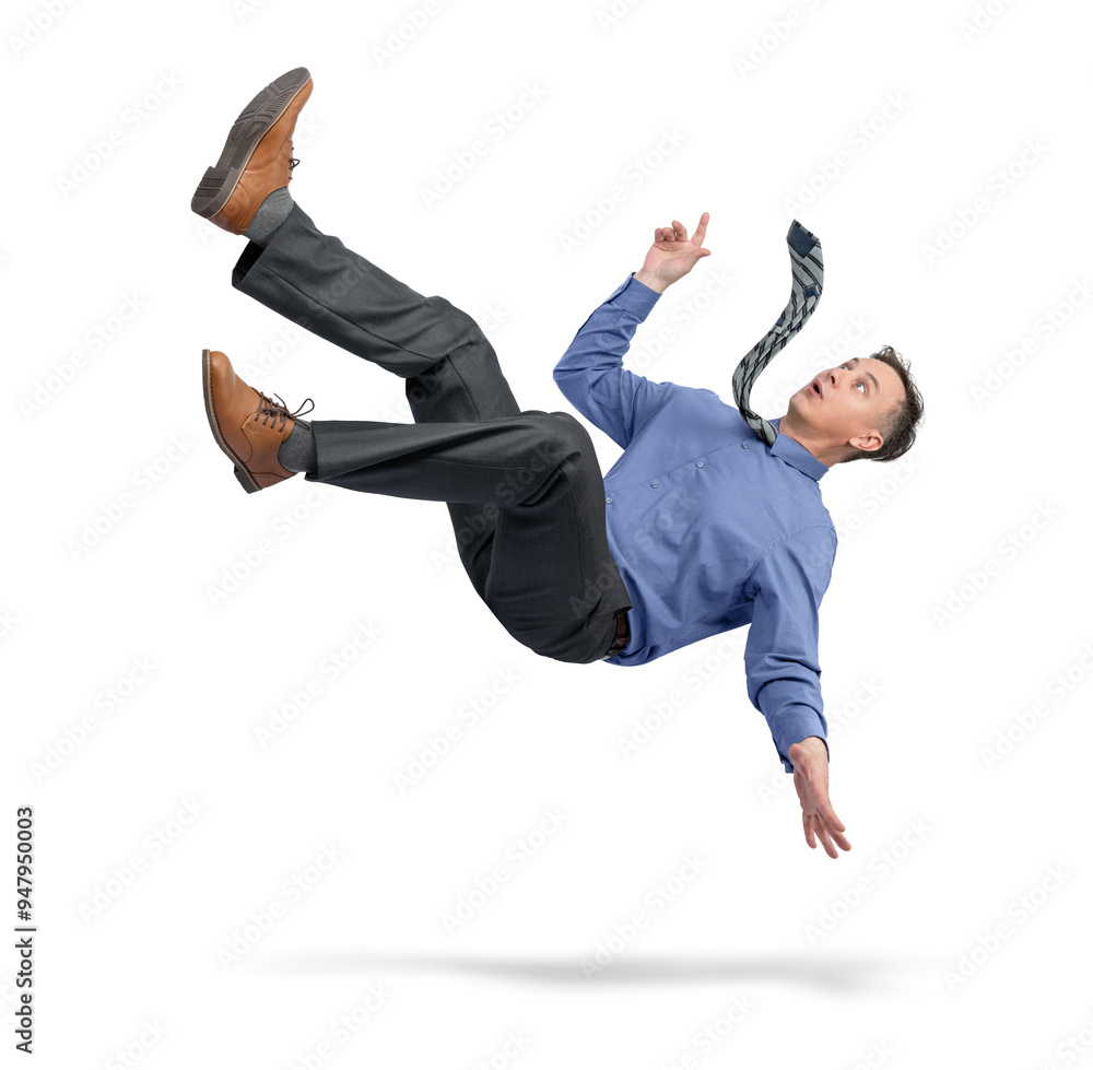 Situation, man in office clothes and tie falls down isolated on ...