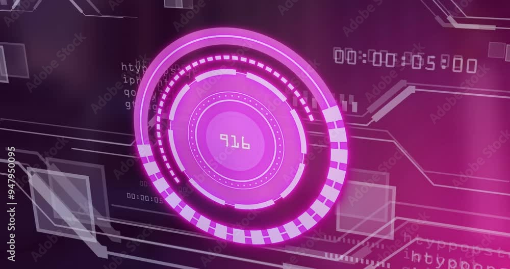 Animating futuristic digital interface with circular progress indicator and data processing ...