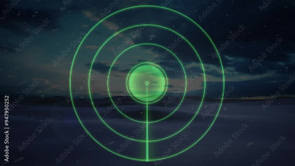 Green radar scanning animation over night sky with clouds and stars ...