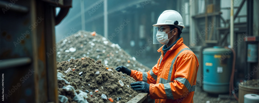 A worker in an orange safety jacket and white hard hat carefully ...