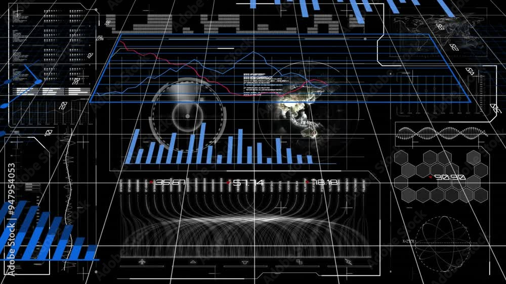 Graphs, charts, and data visualization animation over digital interface ...