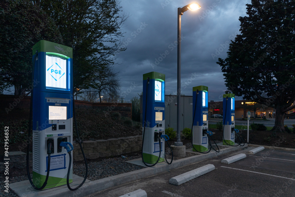 Portland, Oregon, USA-March 29, 2022- Electric vehicle charging station ...