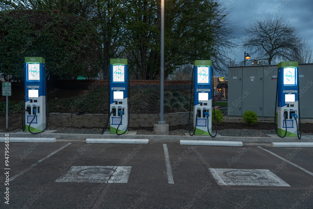 Portland, Oregon, USA-March 29, 2022- Electric vehicle charging station ...
