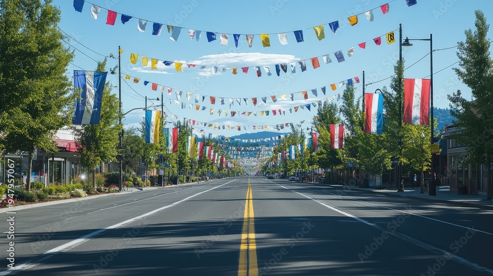 An empty parade route with streets lined with flags and banners, ready ...