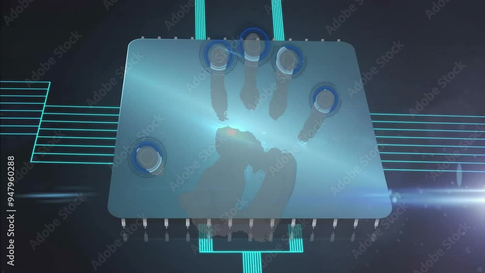 Handprint and fingerprint scanning animation over microchip with ...