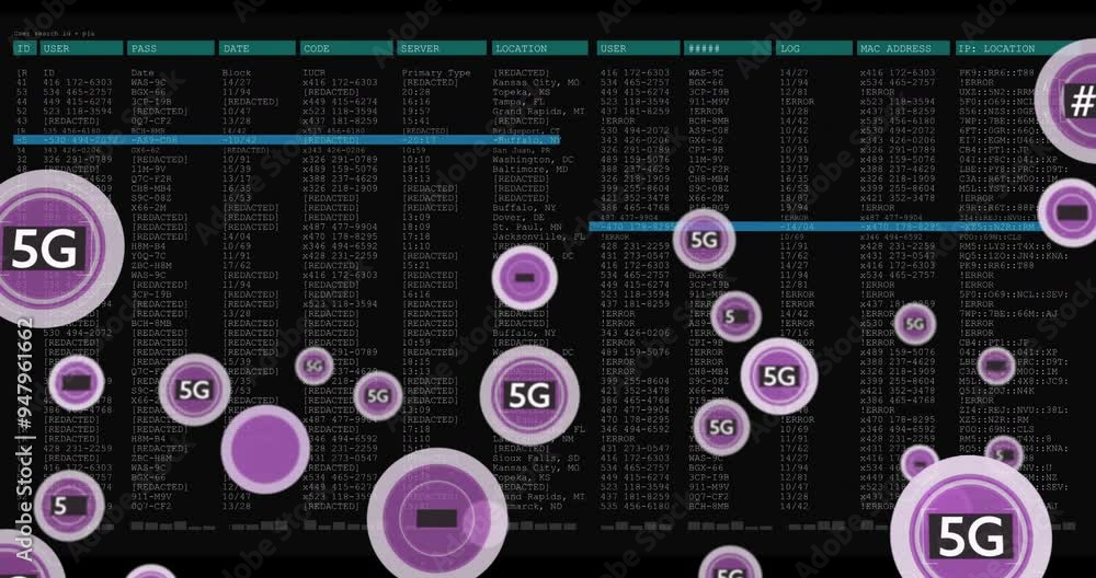 5G symbols animation over data tables with codes and locations Stock ...