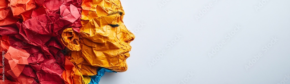head made from multicolored crumpled paper, with each color ...