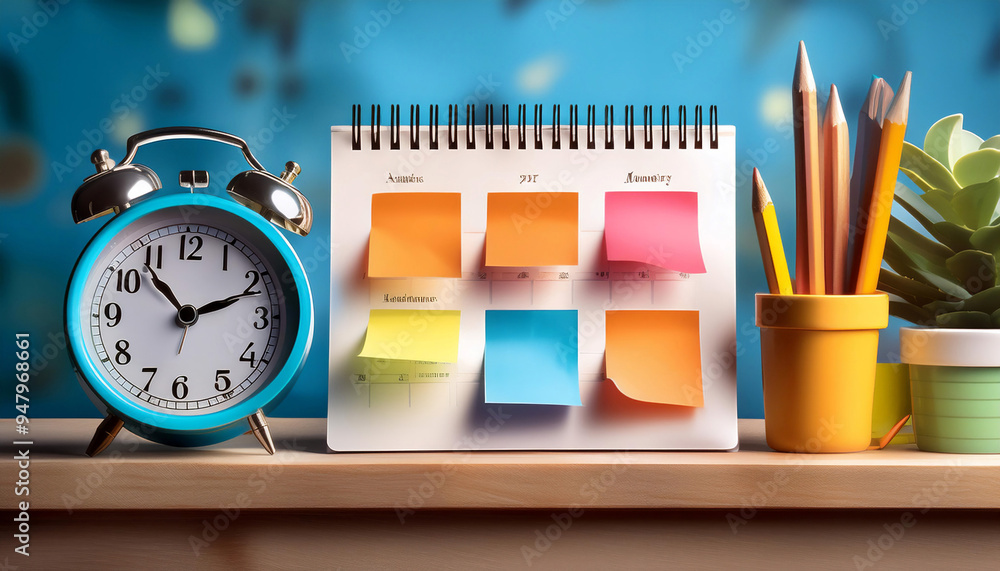 Reminders and time management, featuring symbols like a calendar, alarm ...