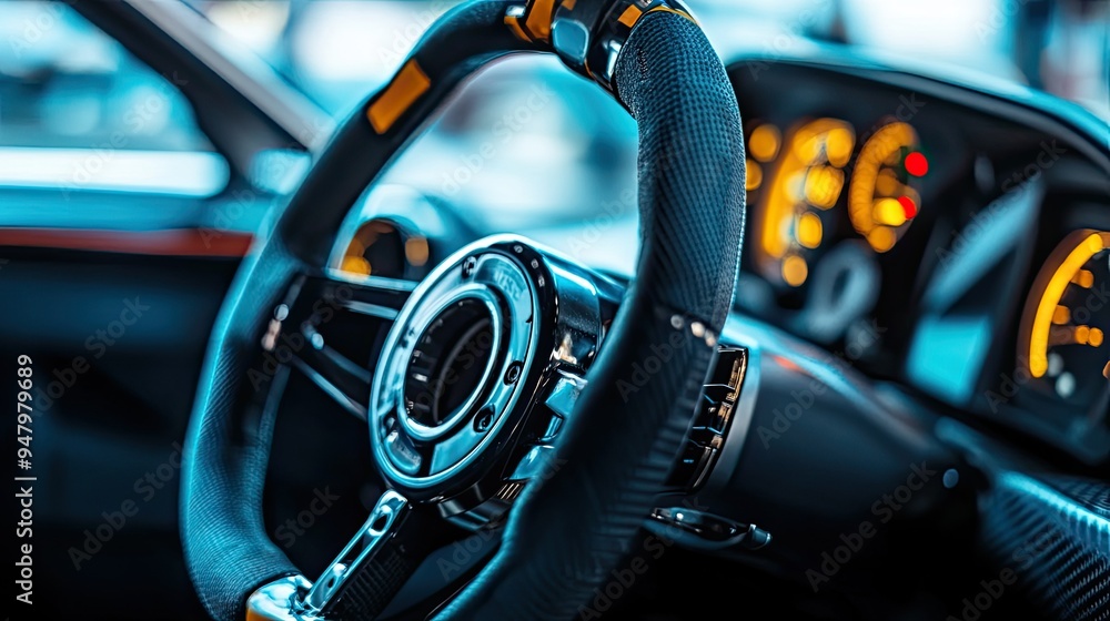 Detailed view of a high-tech racing car steering wheel gear shift ...