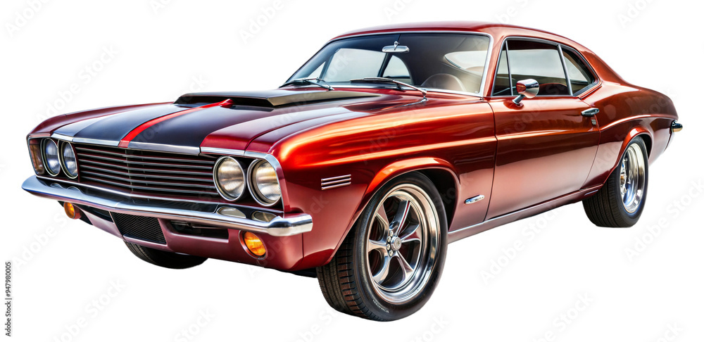 Classic red muscle car parked in bright sunlight on transparent ...