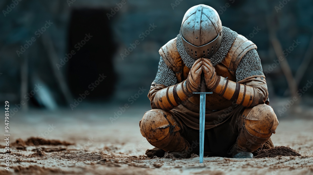 Medieval knight in full armor kneeling with hands on the pommel of a ...