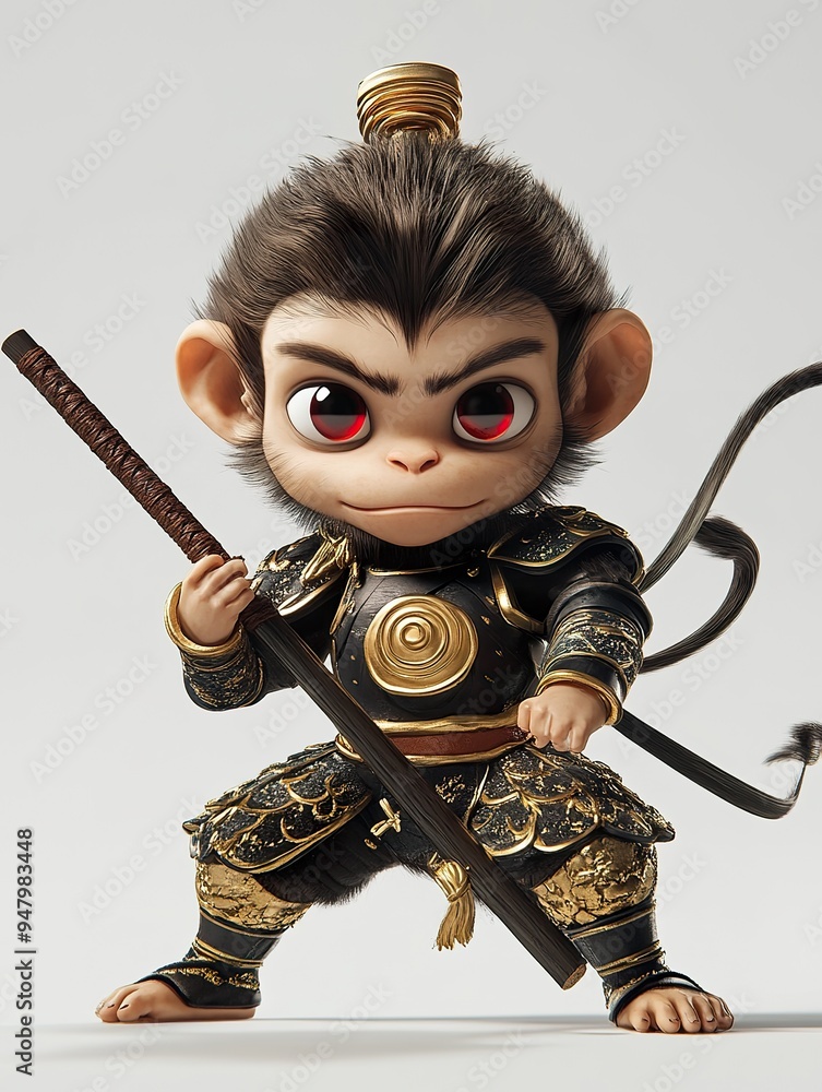 Cute 3d Character Chinese Monkey King with black armor and gold details ...