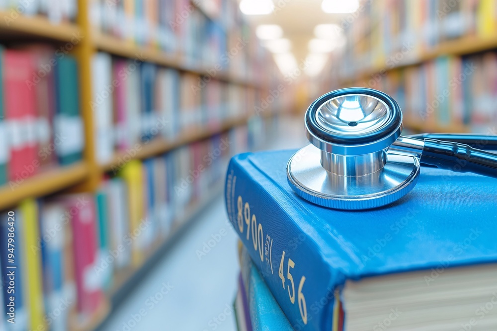 A stack of medical books with an out-of-focus stethoscope hanging on ...